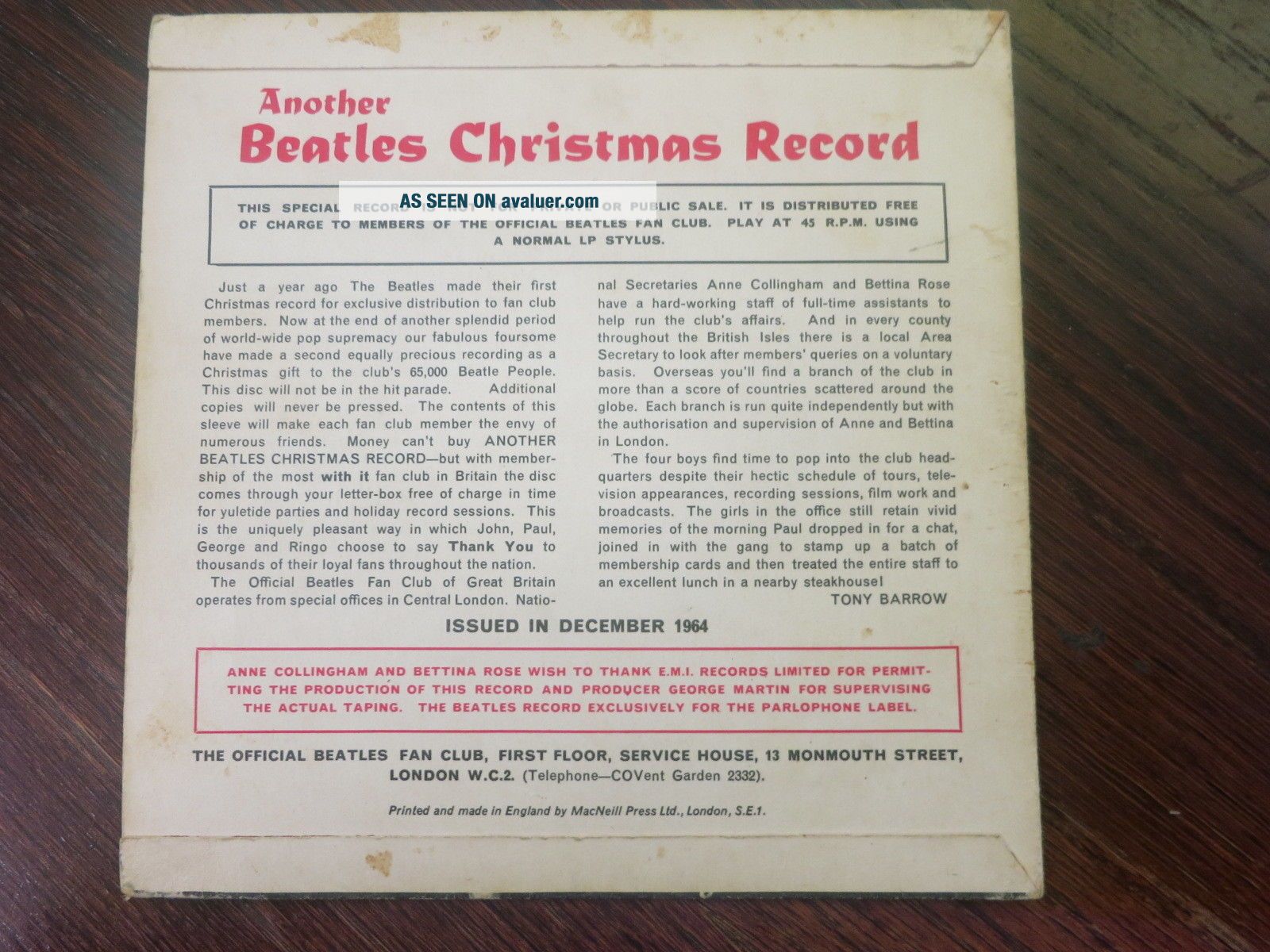 RARE THE BEATLES FAN CLUB FLEXI DISC " ANOTHER BEATLES CHRISTMAS RECORD ...