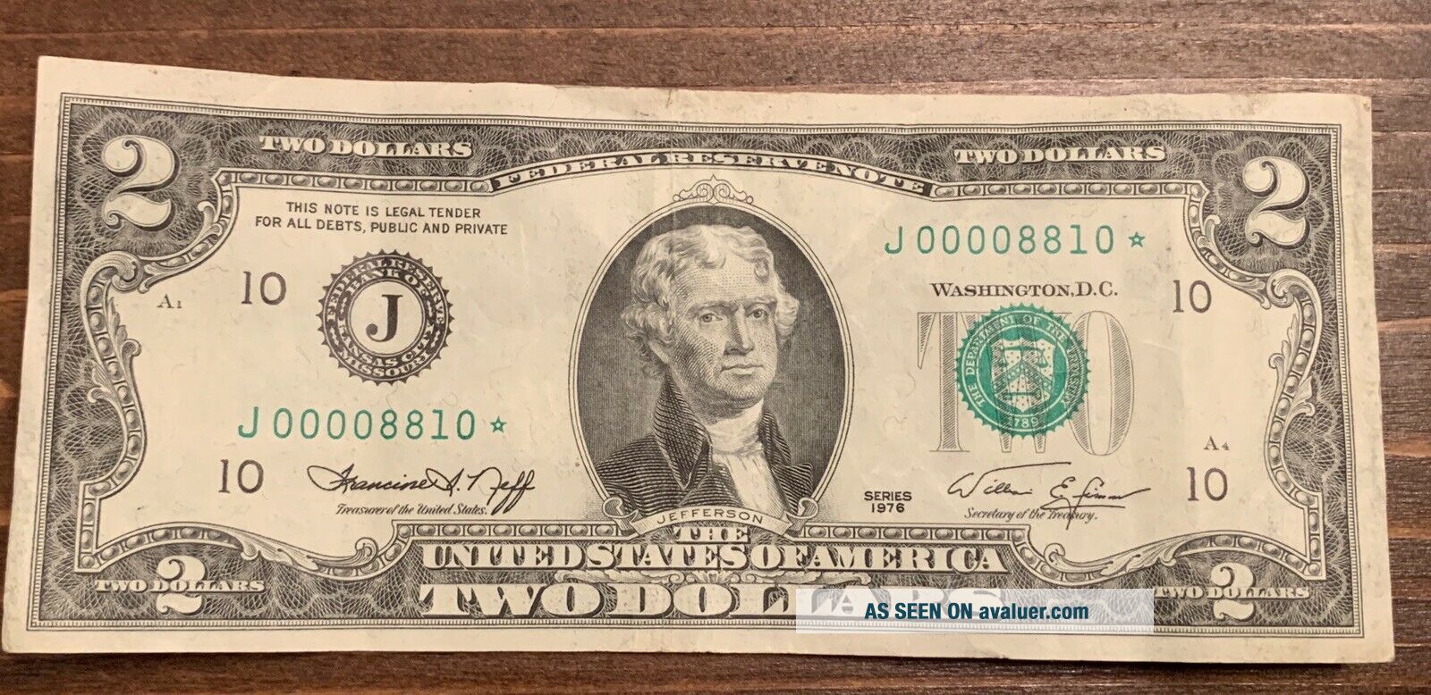 1976 $2 RARE Kansas City J STAR US FRN Note FANCY LOW 4 Digit Serial ...