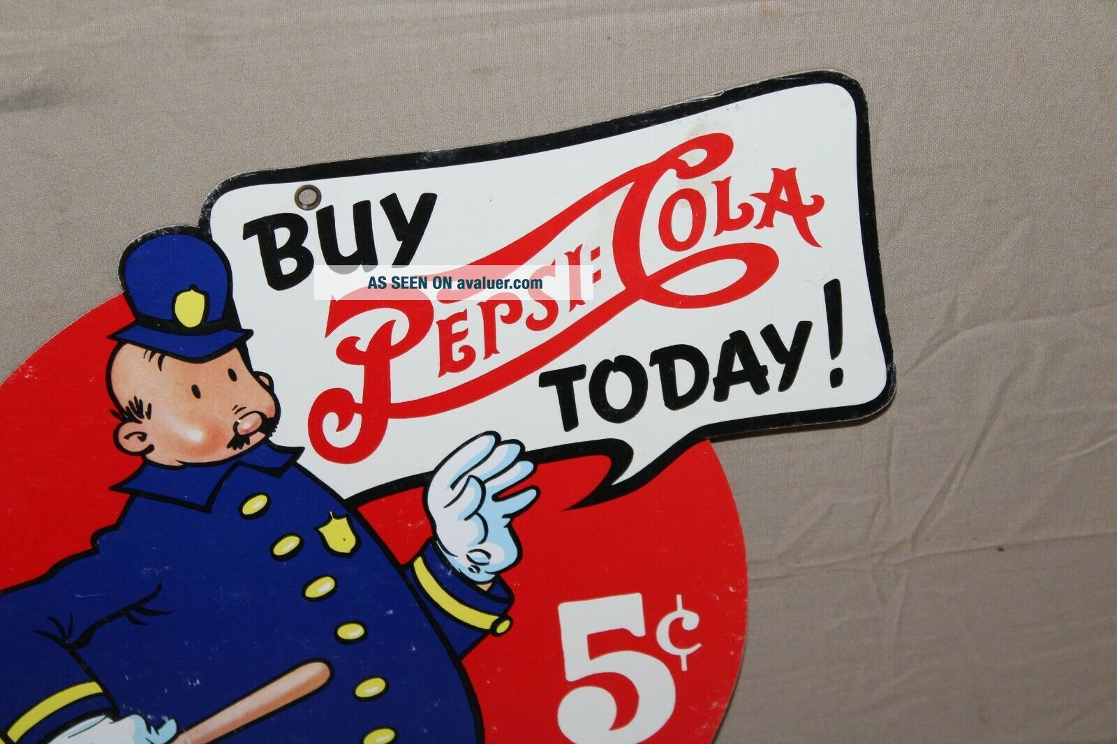 RARE 1940s BUY PEPSI COLA TODAY PEPSI PETE COP 2 - SIDED FAN PULL SIGN ...