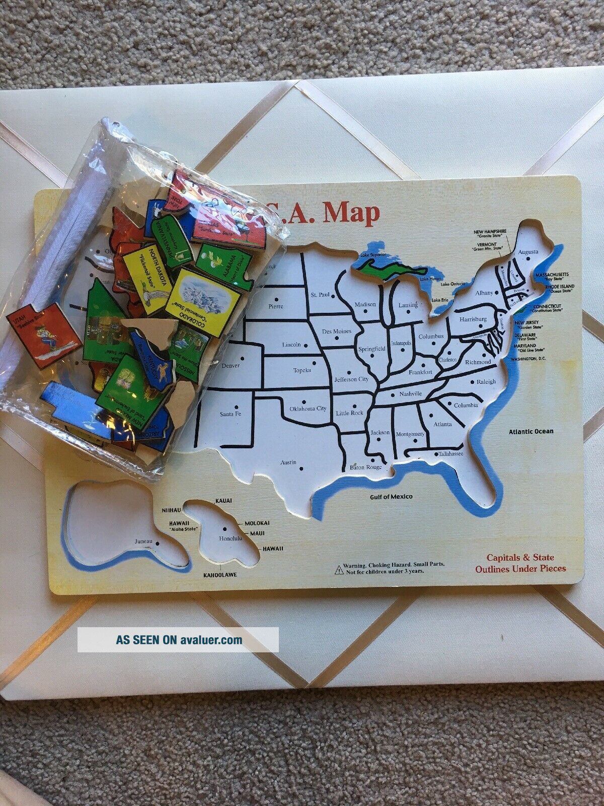 WOODEN USA MAP PUZZLE - Hidden Capital And State Outlines - | #8620479