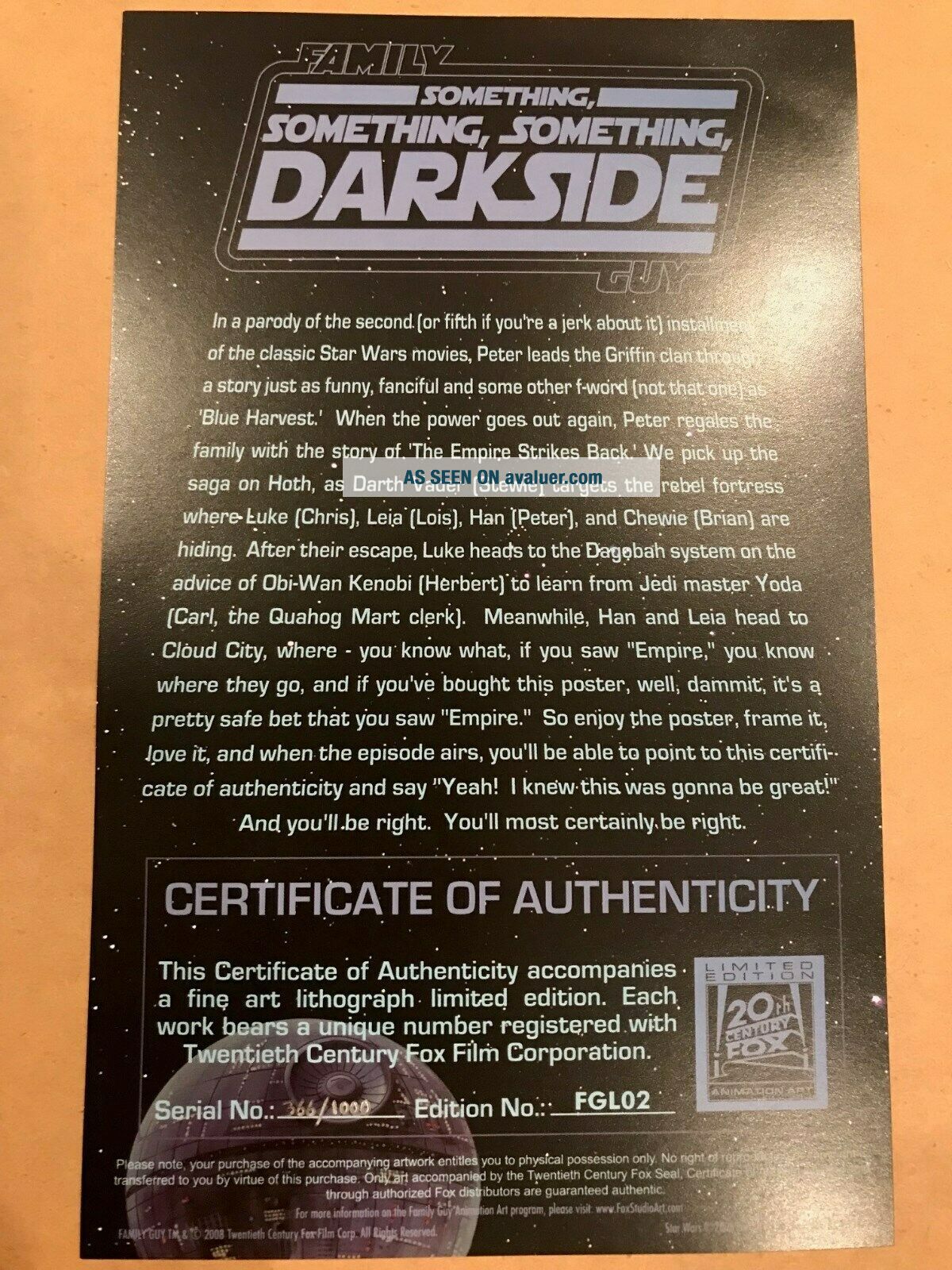 Family Guy Limited Edition Lithograph - Something Darkside - Star Wars ...