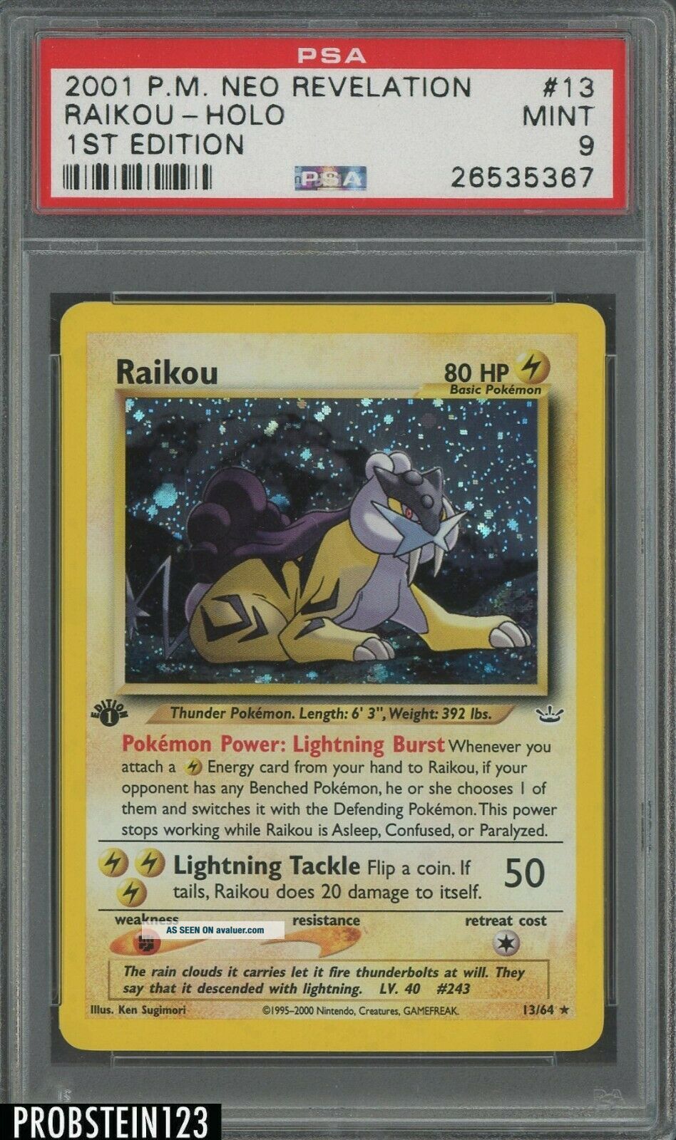 2001 Pokemon Neo Revelation 1st Edition 13 Raikou - Holo PSA 9 | #9153595