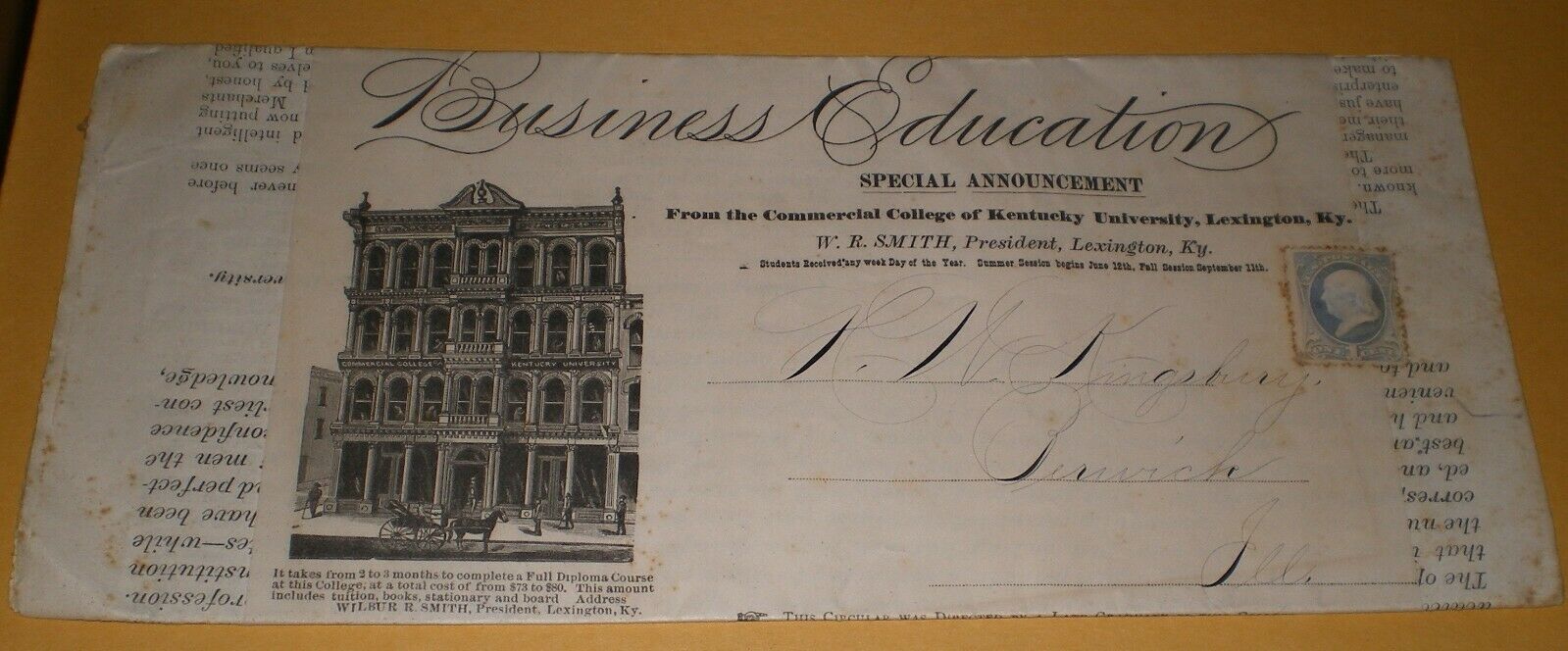 Kentucky University Lexington KY Brochure Cover 1882 1Ct Franklin Stamp ...