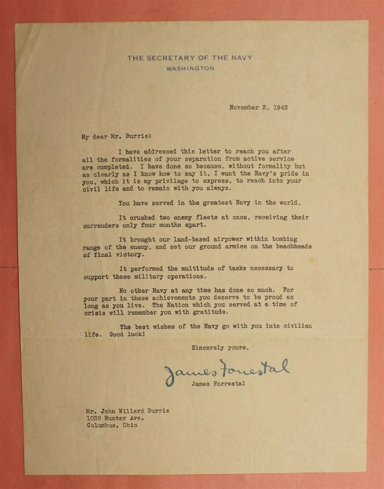 1945 SECRETARY OF THE NAVY JAMES FORRESTAL SIGNED LETTER | #23125102