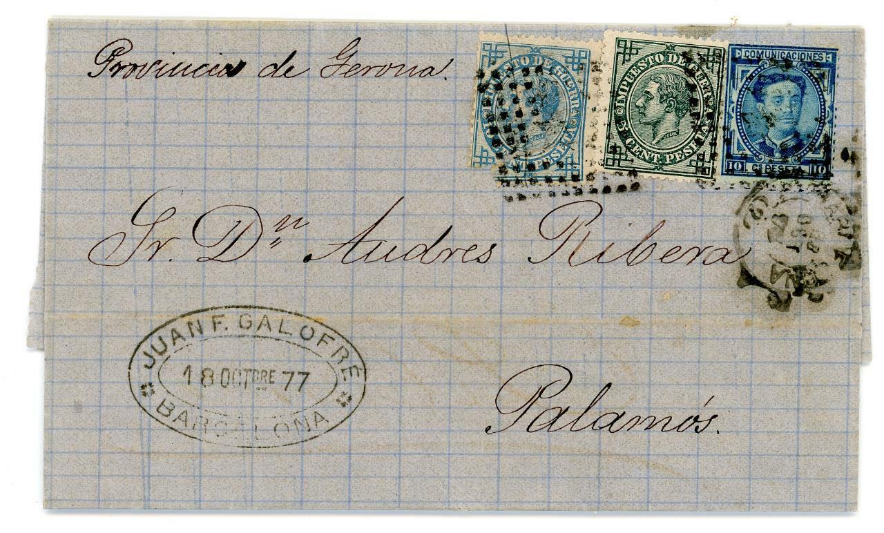 1877 Spain Cover From Barcelona To Palamos With War Tax Stamps | #23015203