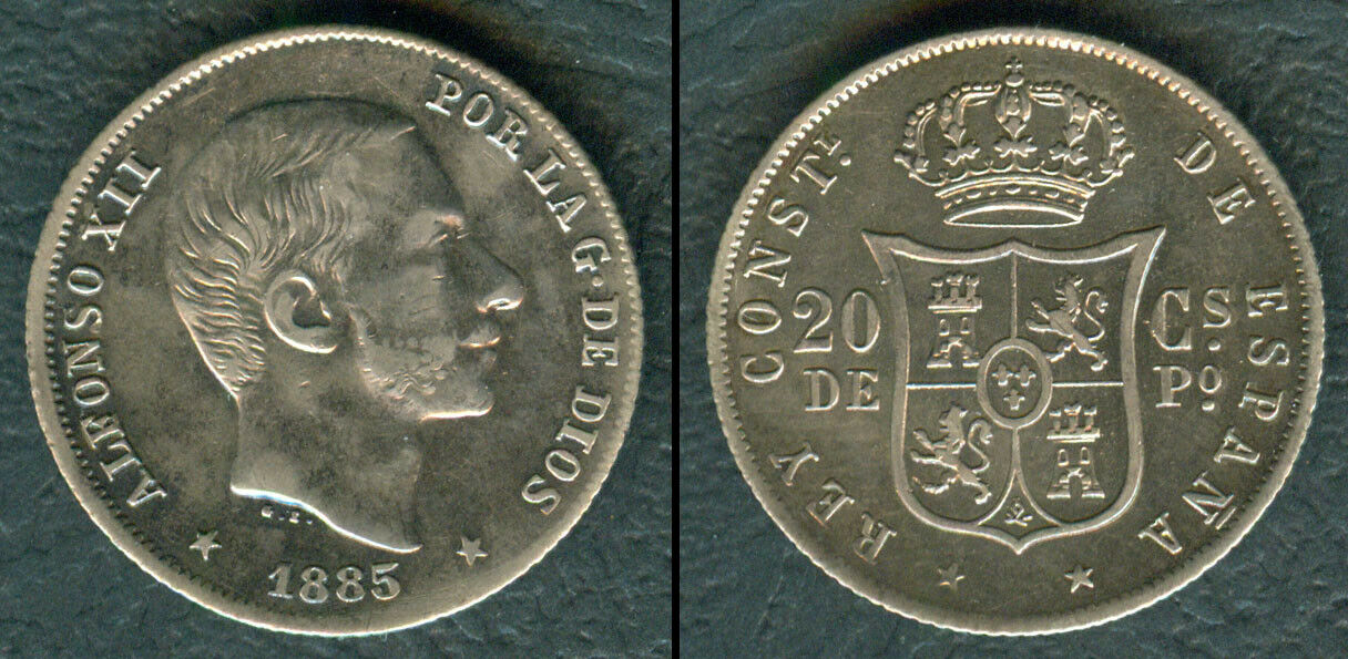 1885 Spanish Philippine ALFONSO XII 20 Centimos De Peso Silver Coin G ...