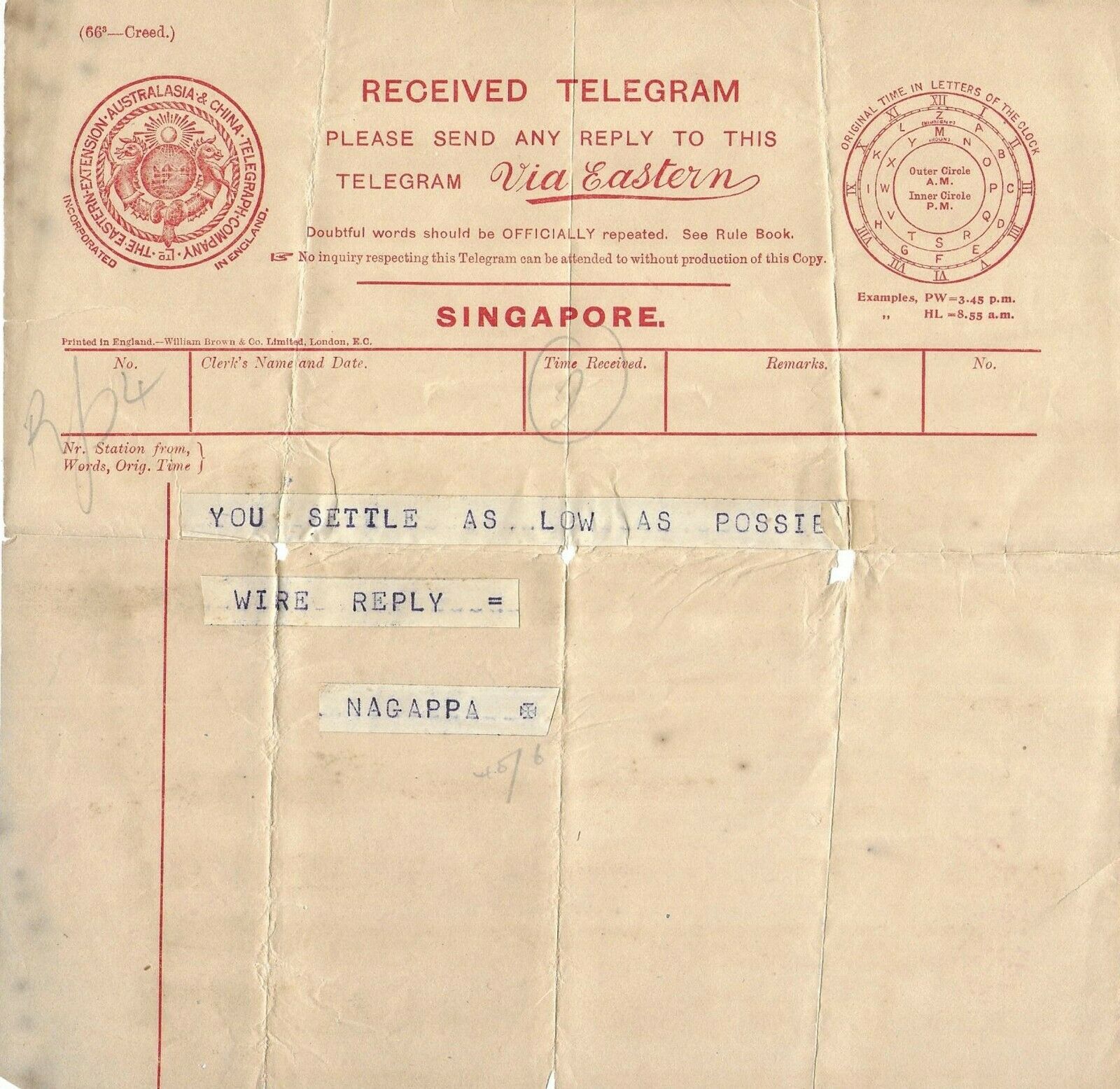 SINGAPORE Old Pictorial Telegram VIA EASTERN Australia Asia China TIME ...
