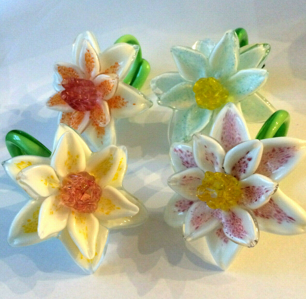 6 Blown Art Glass Napkin Rings Petal Flowers With Green Stem Curl ...