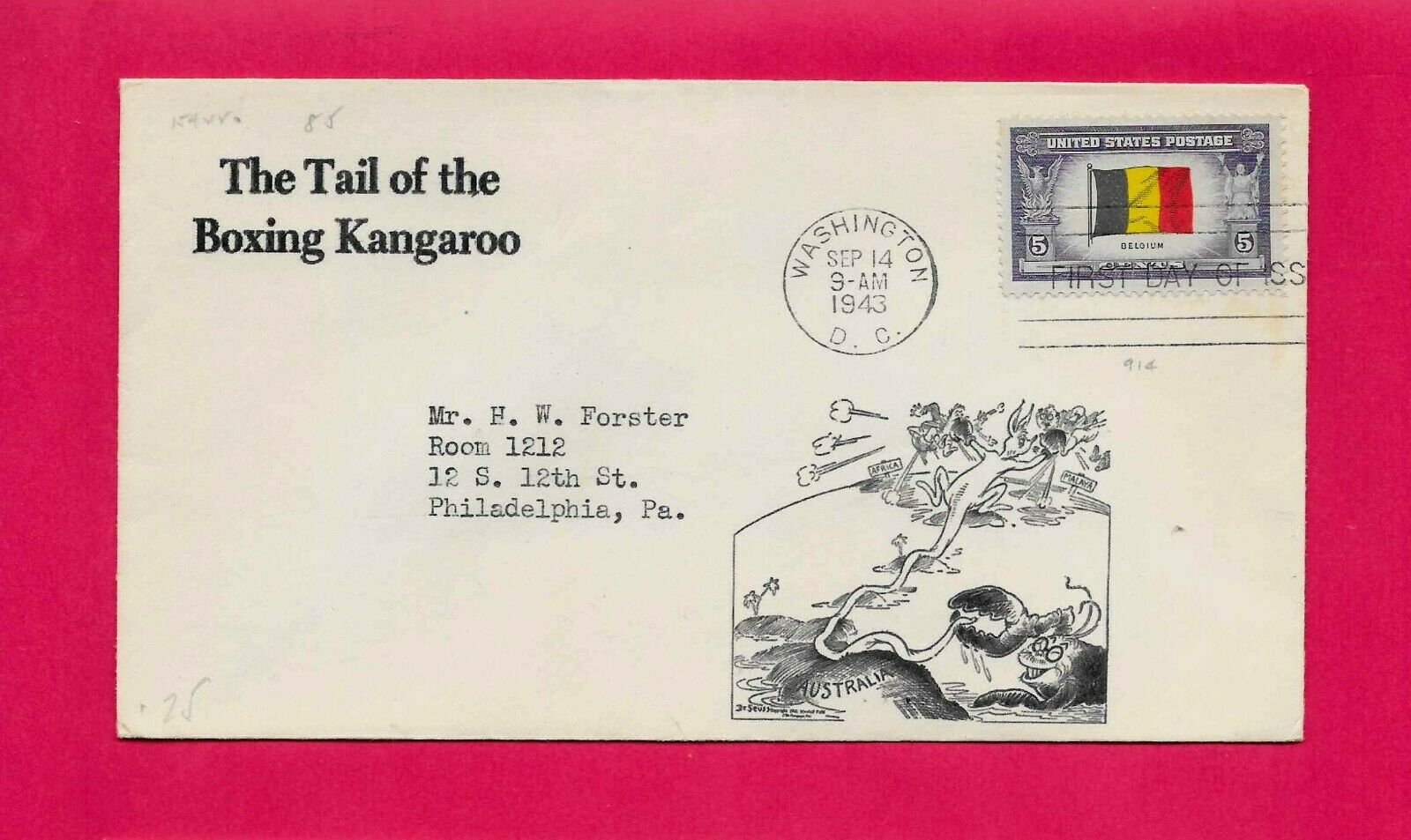 914 BELGIUM OVERRUN NATION FDC WWII TALE OF THE BOXING KANGAROO DR ...