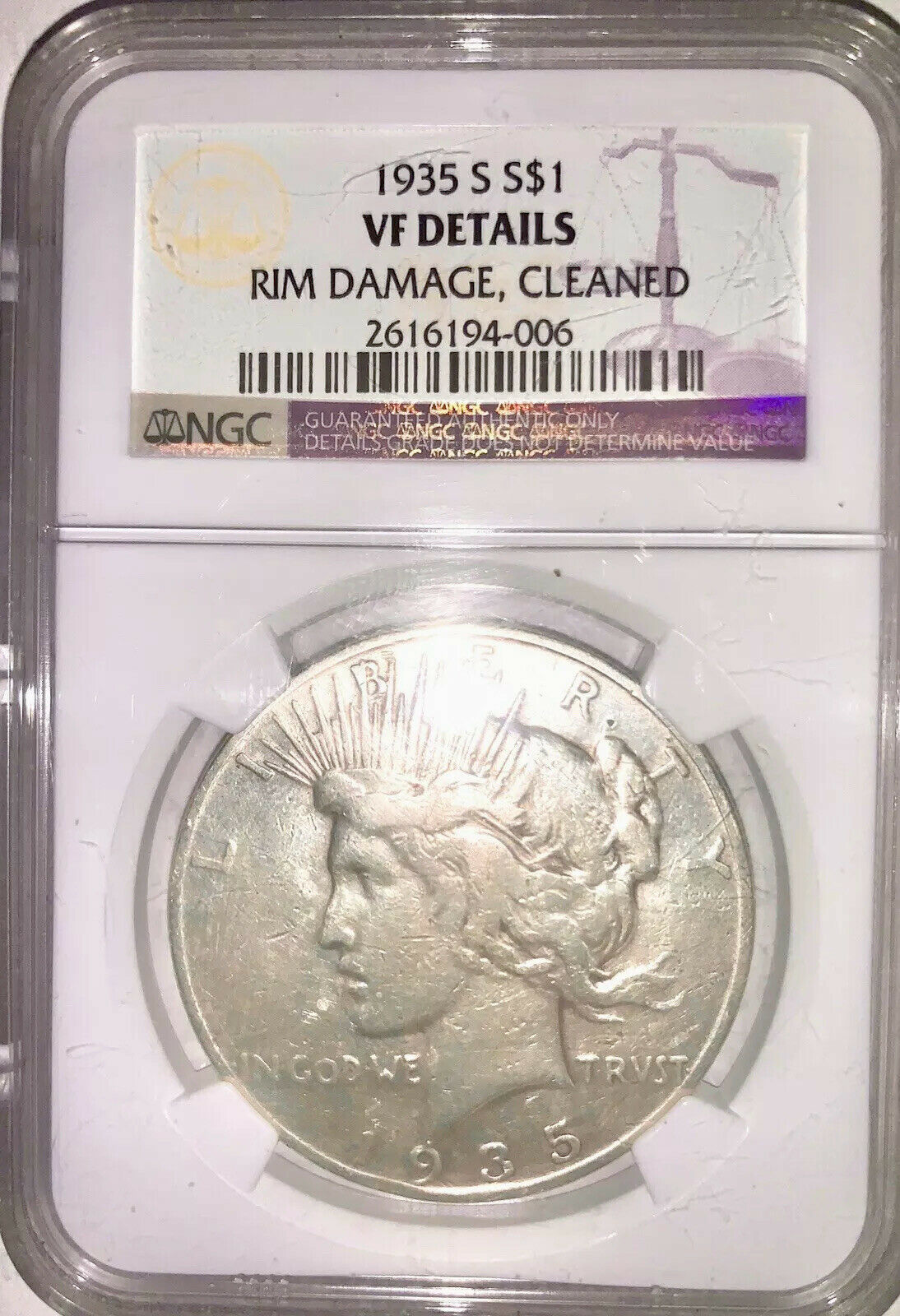 1935 - S Peace Dollar NGC VF Details Rim Damage Cleaned Key Date ...