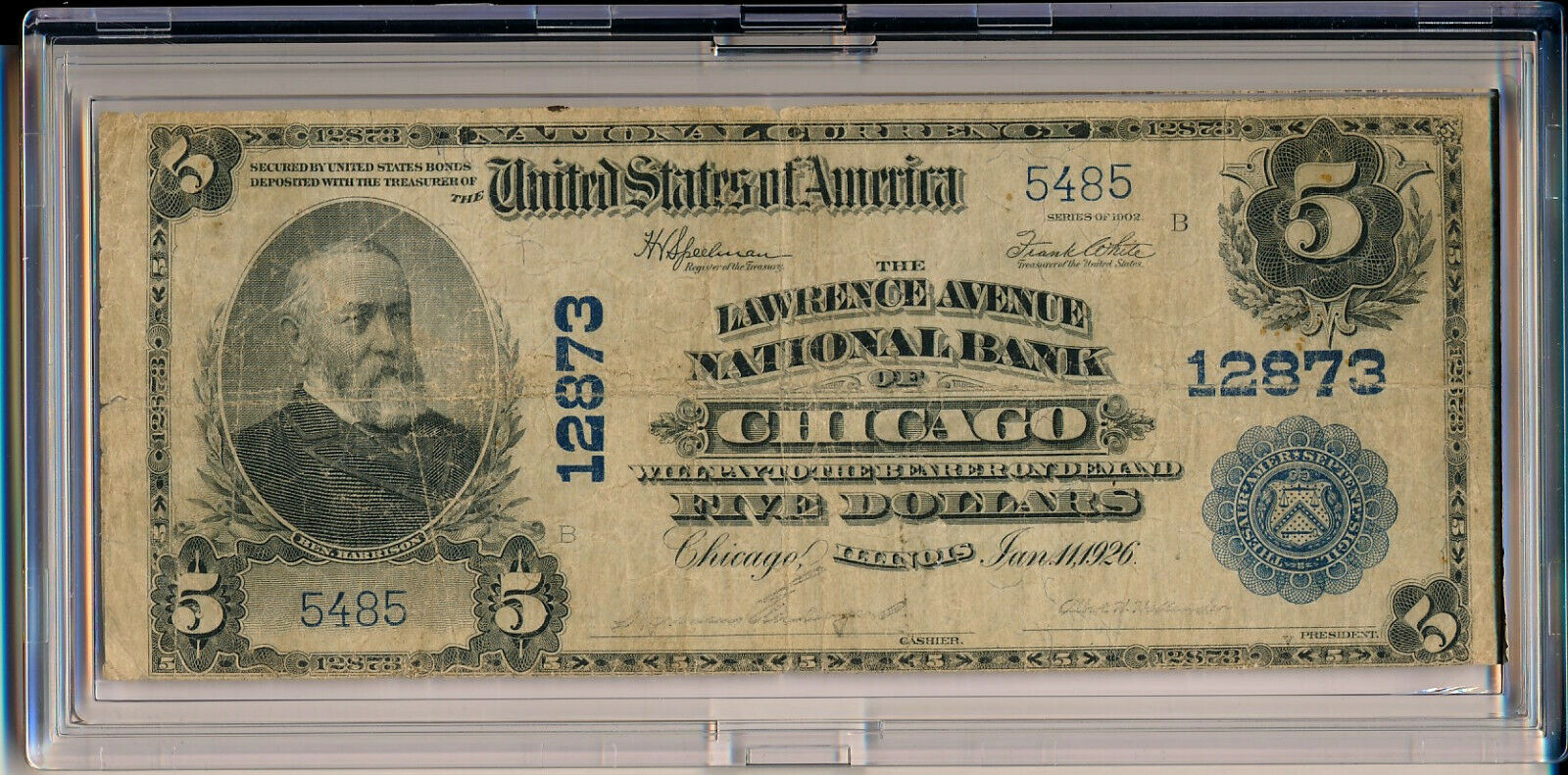 SERIES 1902 LAWRENCE AVE NATIONAL BANK CHICAGO $5 NOTE WITH CASE ...