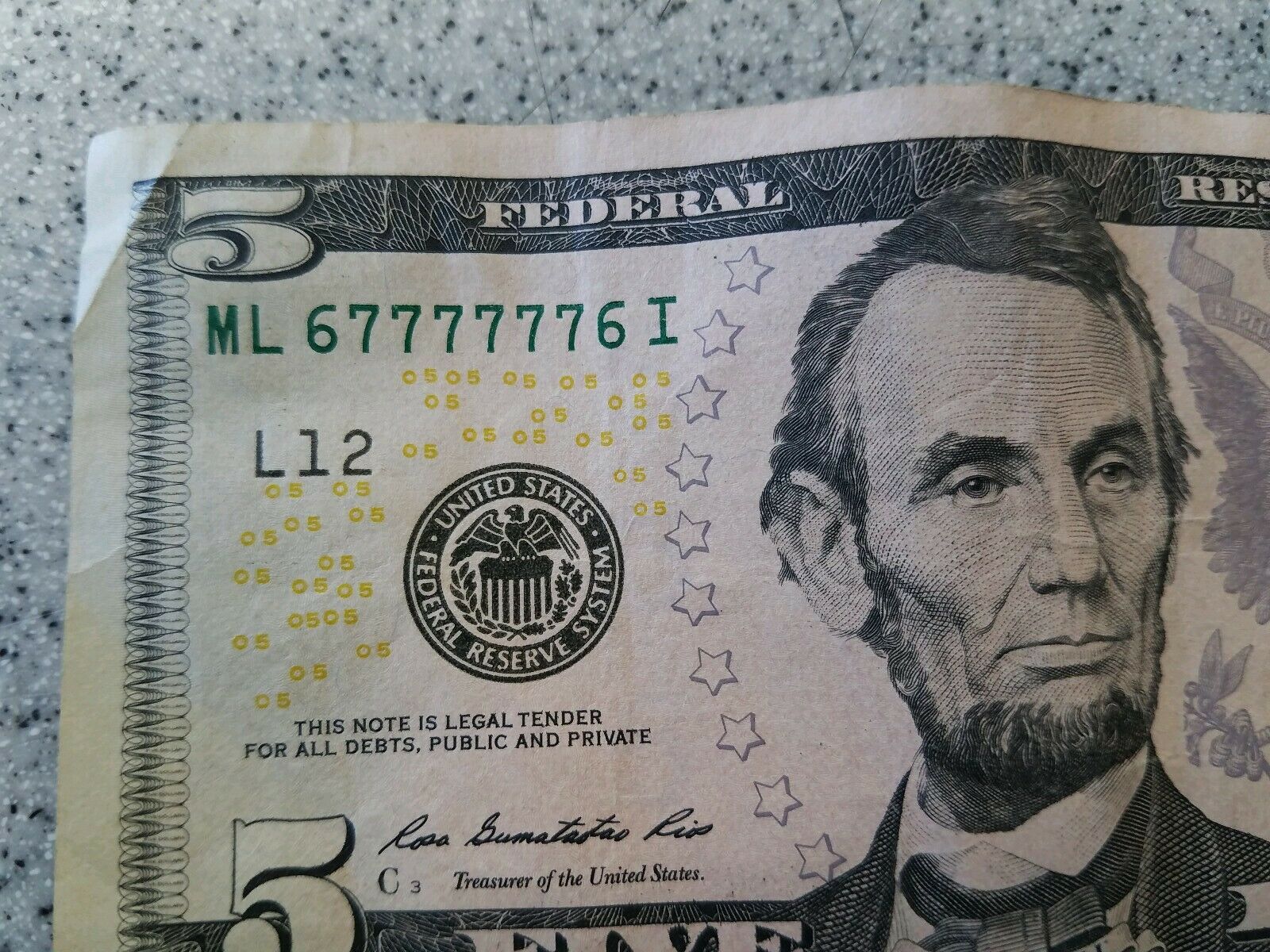 $5 Dollar Bill Fancy Serial Number 67777776 Radar Almost Solid 7 ' S ...