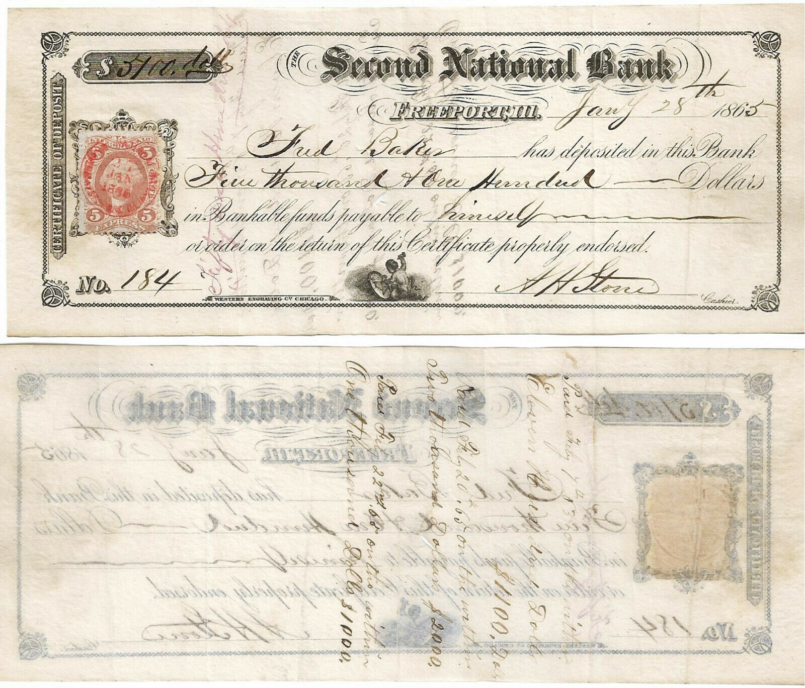 CIVIL WAR 1865 Certificate Of Deposit, $5100 2nd National Bank ...