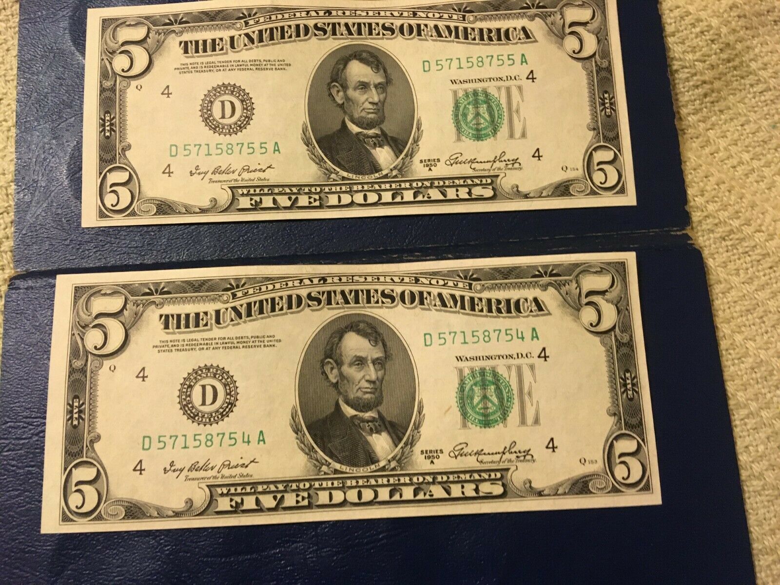 Two 1950 Series A $5 Federal Reserve Note With Consecutive Serial ...