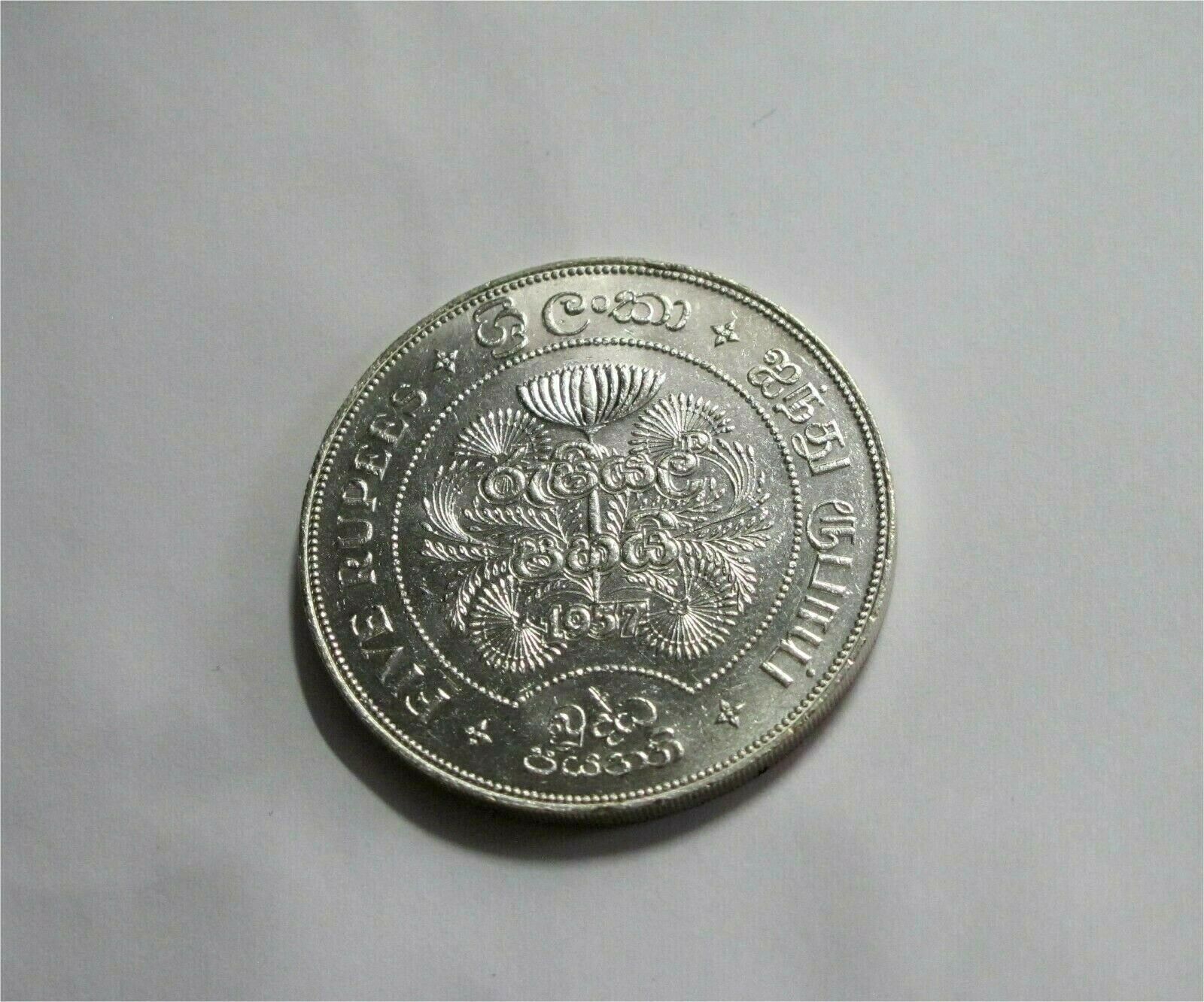 1957 Ceylon Sri Lanka 5 Rupees 2500 Years Of Buddhism Silver Crown ...
